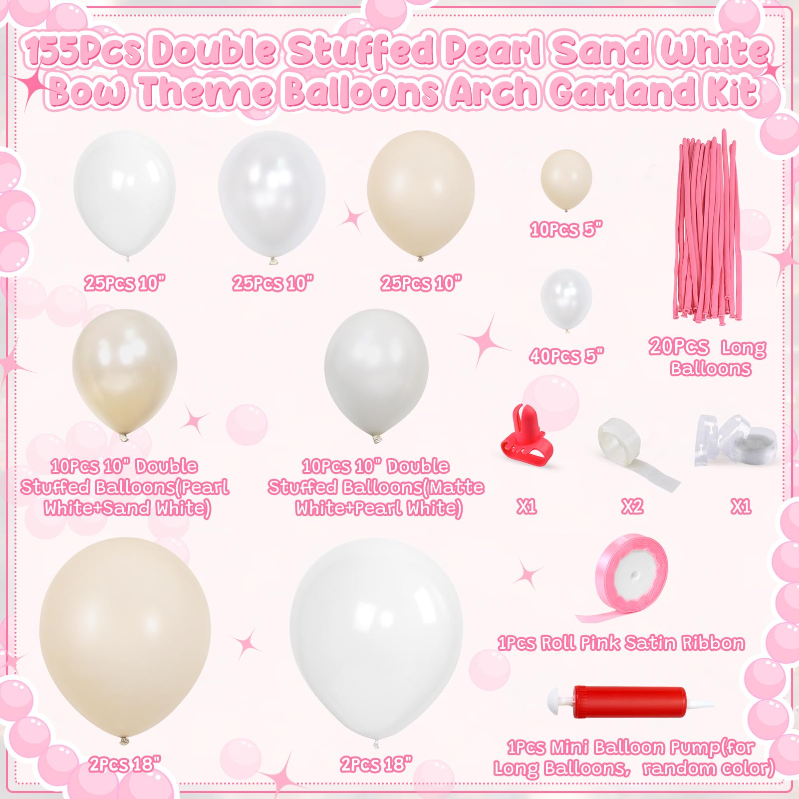 Pink Bow Balloon Arch Kit, 155Pcs Coquette Bows Pearls Balloon Garland Arch, Double Stuffed Pearl Sand White Balloons with Satin Ribbon for Coquette Birthday Decortions, Bridal Shower, Bow Party Decor