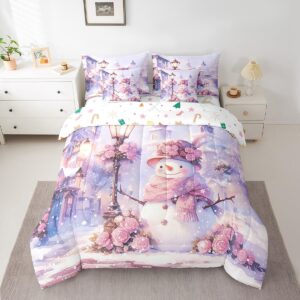 feelyou kids christmas bed in a bag queen size, snowman 7 pieces bedding set boys girls snowflake comforter set with sheets rose floral flower teens bed set bedroom decor 7pcs