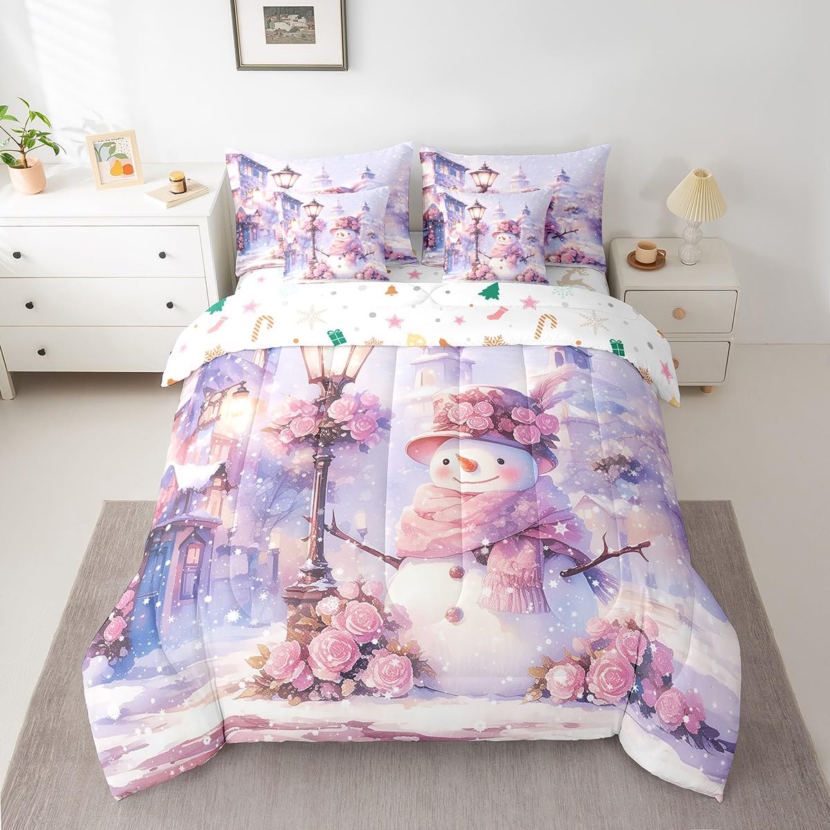 Feelyou Kids Christmas Bed in A Bag Queen Size, Snowman 7 Pieces Bedding Set Boys Girls Snowflake Comforter Set with Sheets Rose Floral Flower Teens Bed Set Bedroom Decor 7Pcs