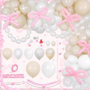 Pink Bow Balloon Arch Kit, 155Pcs Coquette Bows Pearls Balloon Garland Arch, Double Stuffed Pearl Sand White Balloons with Satin Ribbon for Coquette Birthday Decortions, Bridal Shower, Bow Party Decor