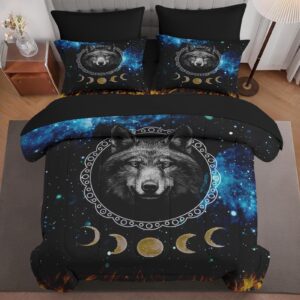 pinbeam 5 pcs comforter set twin size, wolf animal dog bed in a bag with flat sheet and fitted sheet for kids and adults, starry space galaxy bedding set with pillowcase & sham