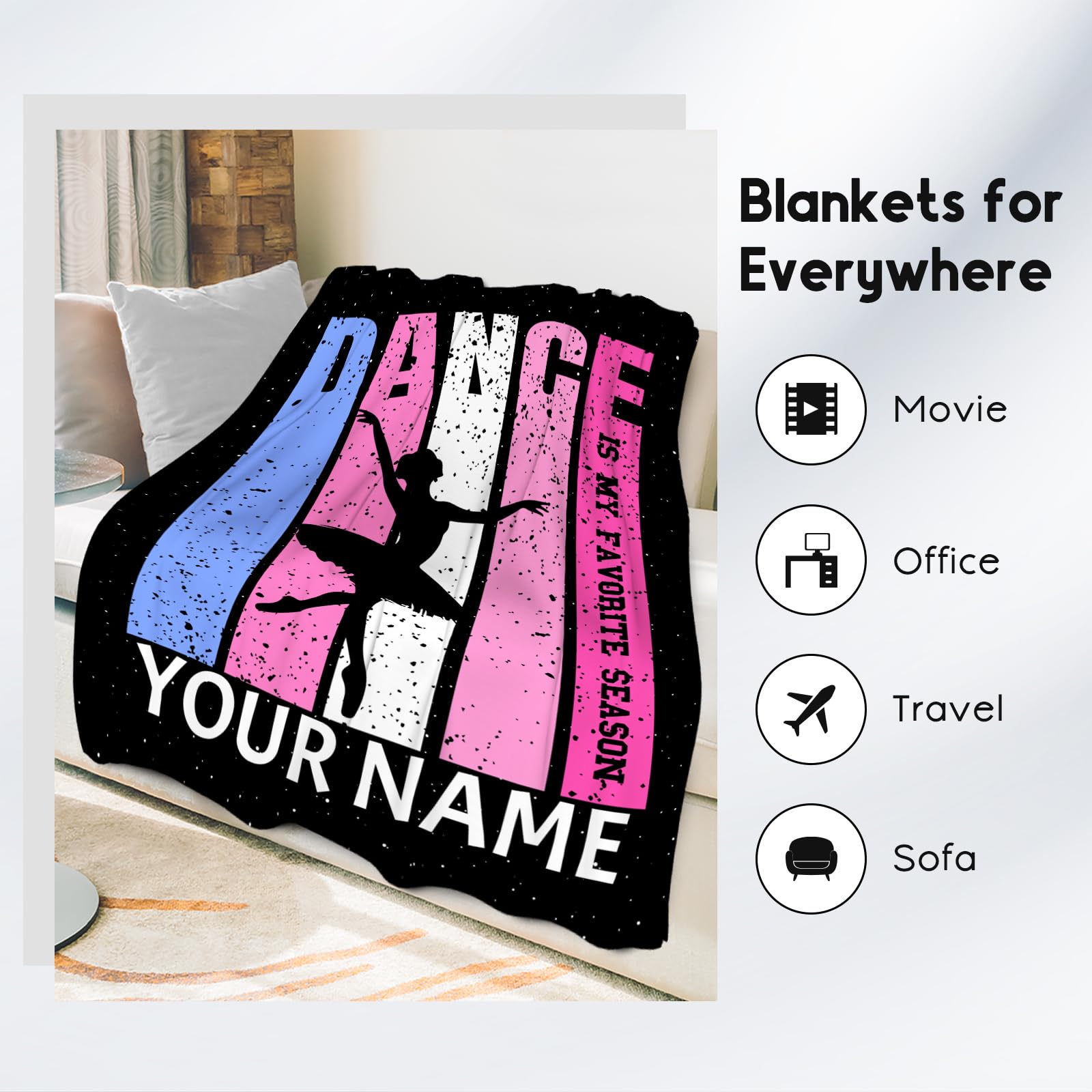 Personalized Dance Gifts, Dance Blanket for Girls Dancers, Ballerina Gifts, Custom Gifts for Her&Teacher, Flannel Throw Blankets for Couch Sofa, 40"x50" Soft Cozy Girls Blankets for Outdoor Travel