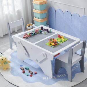 ifbuy 35" wide toddler table and 2 chairs set with storage drawer, kids wooden activity desk for ages 3-10, compatible with most building blocks, for boys and girls, light grey