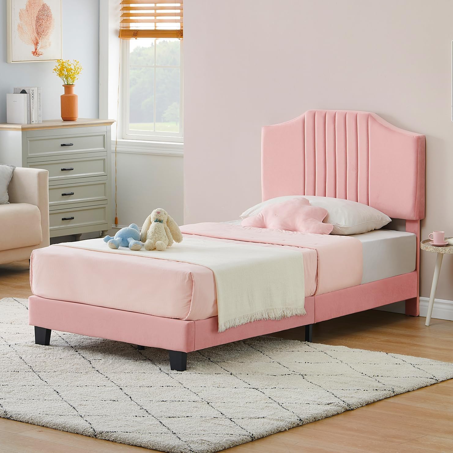 coucheta Twin Size Bed Frame - Velvet Upholstered Platform Bed Frame with Headboard for Girl Strong Wooden Slats Support, No Box Spring Needed, Noise-Free, Easy Assembly, Pink