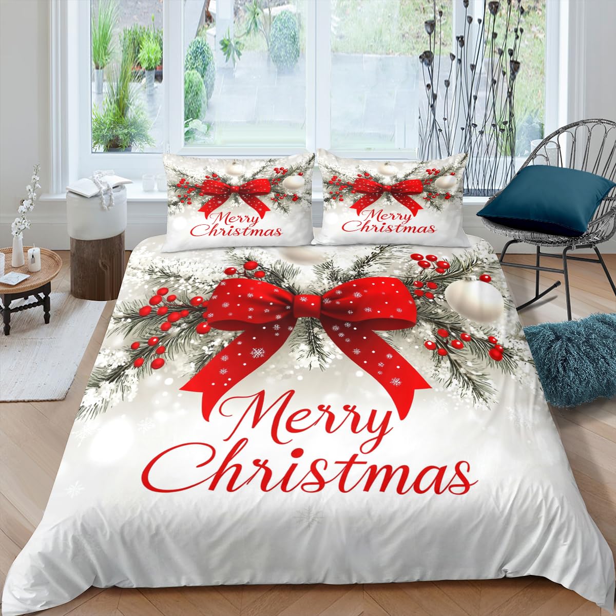 CCoutueChen Xmas Duvet Cover Queen Red White Christmas Comforter Cover Farmhouse Holiday Decor Duvet Cover Set 3Pcs (2 Pillowcases, No Comforter)