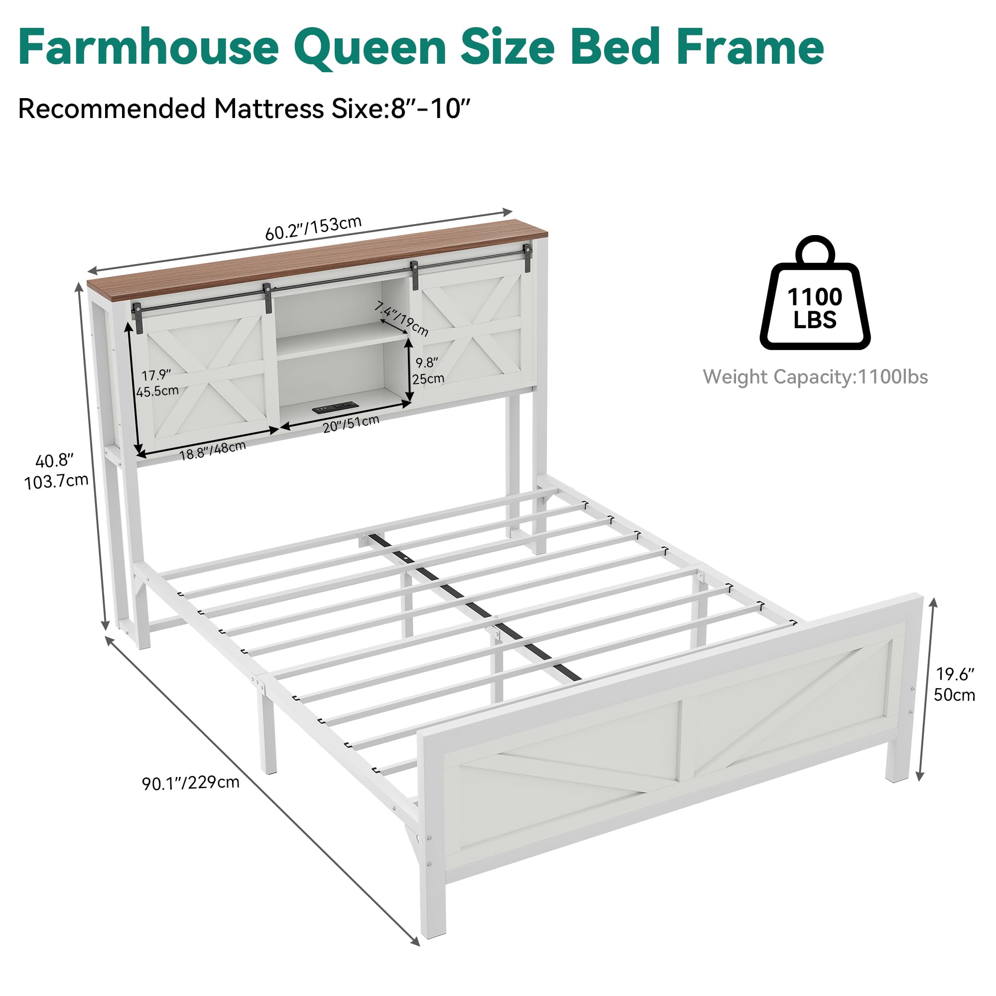 YITAHOME Farmhouse Queen Size Bed Frame with Headboard, Bookcase Storage Shelves, Sliding Barn Door, Charging Station, Rustic Wood Platform Bed, No Box Spring Needed, White