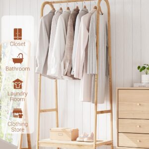 Bamboo Clothes Rack, Freestanding Clothing Rack with Storage Shelf and Hanging Rod, Easy Assemble, Portable Clothes Rack, Wooden Space-Saving Garment Rack Organizer for Entryway, Bedroom, Living Room