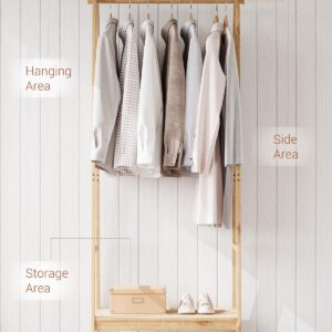 Bamboo Clothes Rack, Freestanding Clothing Rack with Storage Shelf and Hanging Rod, Easy Assemble, Portable Clothes Rack, Wooden Space-Saving Garment Rack Organizer for Entryway, Bedroom, Living Room