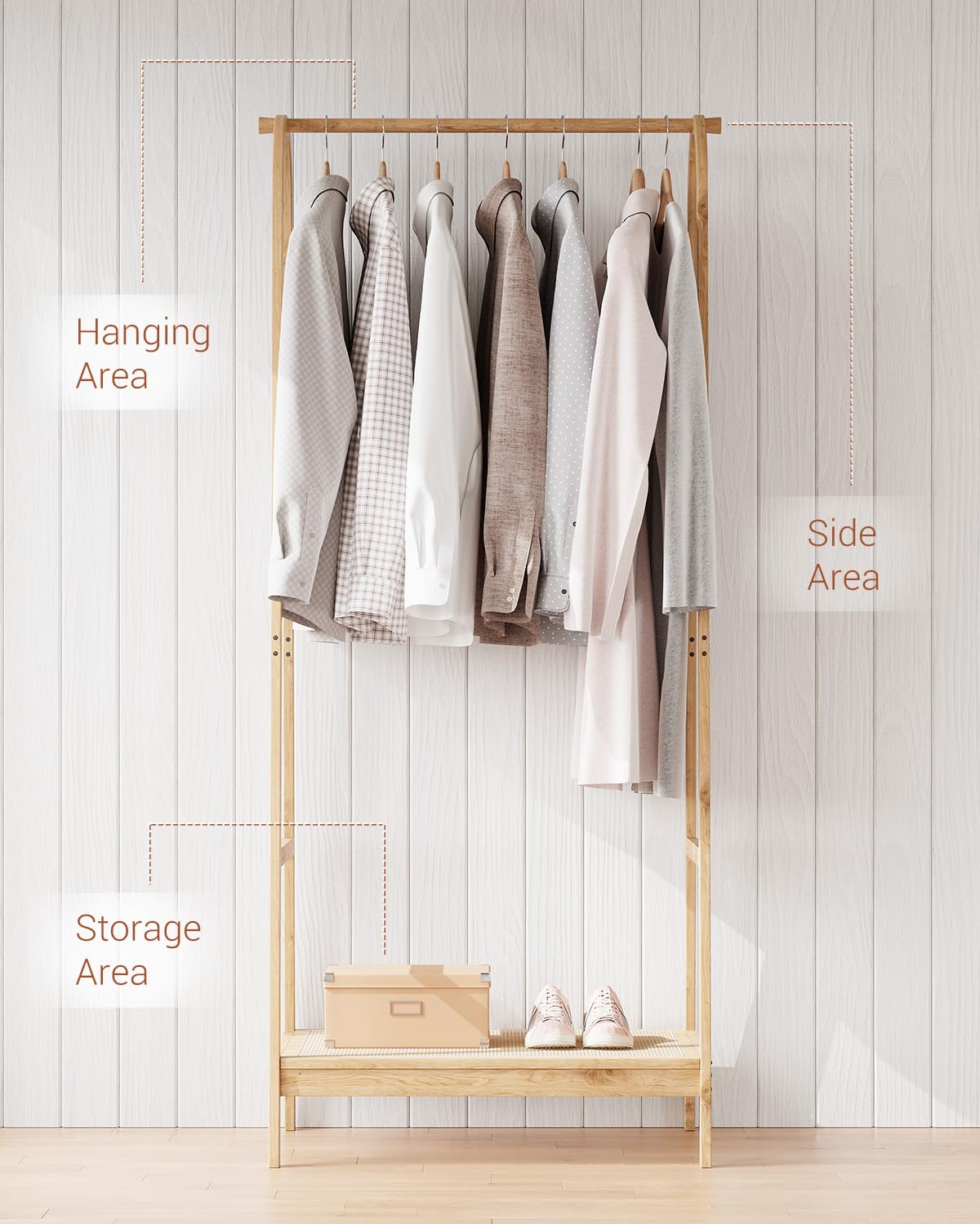 Bamboo Clothes Rack, Freestanding Clothing Rack with Storage Shelf and Hanging Rod, Easy Assemble, Portable Clothes Rack, Wooden Space-Saving Garment Rack Organizer for Entryway, Bedroom, Living Room