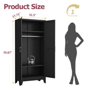 GAIOUS Metal Wardrobe Cabinet with Hanging Rod, 70.87" Metal Clothing Storage Cabinets with 2 Doors and Adjustable Shelves, Black Armoire Wardrobe Closet for Bedroom, Laundry Room, Cloak Room