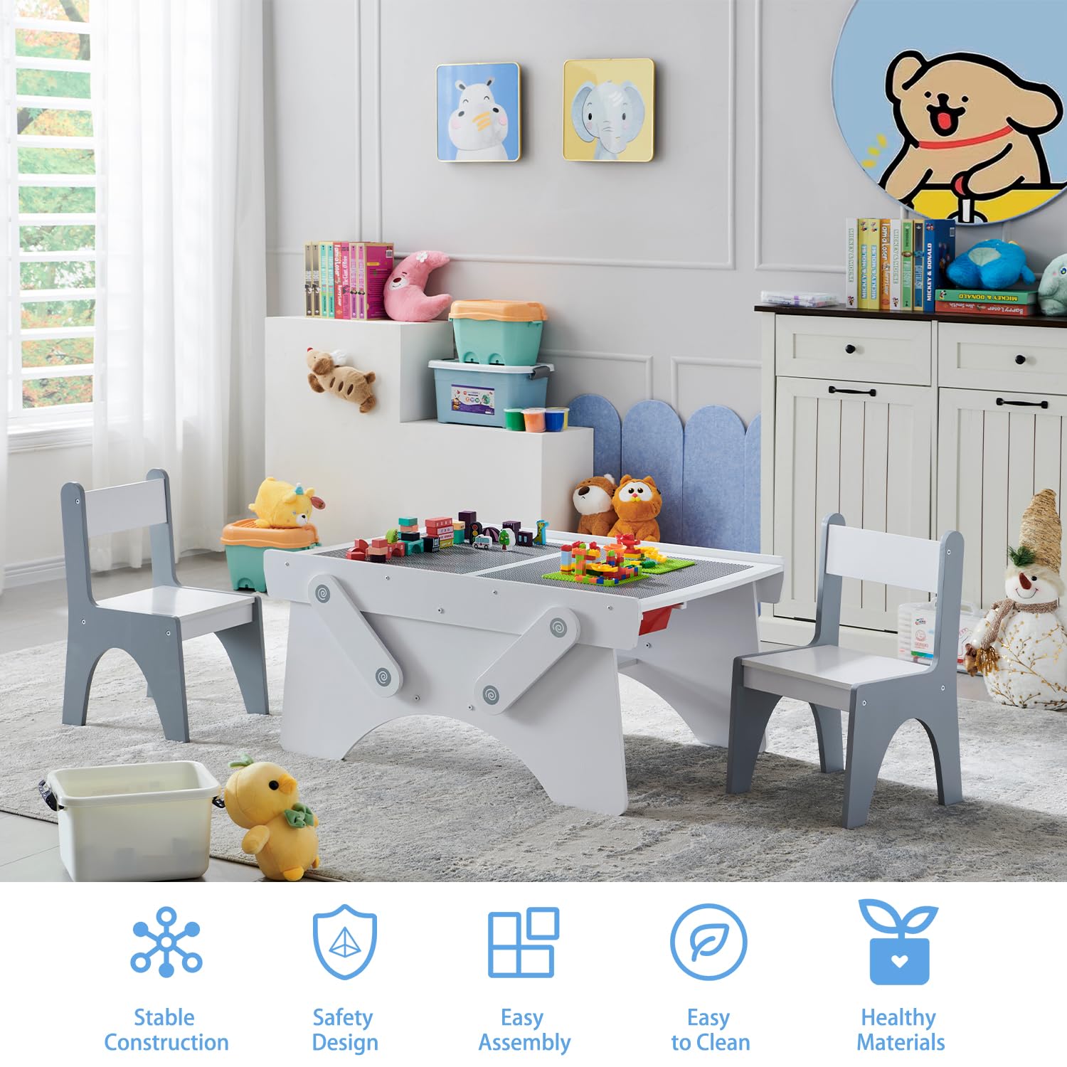 IFBUY 35" Wide Toddler Table and 2 Chairs Set with Storage Drawer, Kids Wooden Activity Desk for Ages 3-10, Compatible with Most Building Blocks, for Boys and Girls, Light Grey