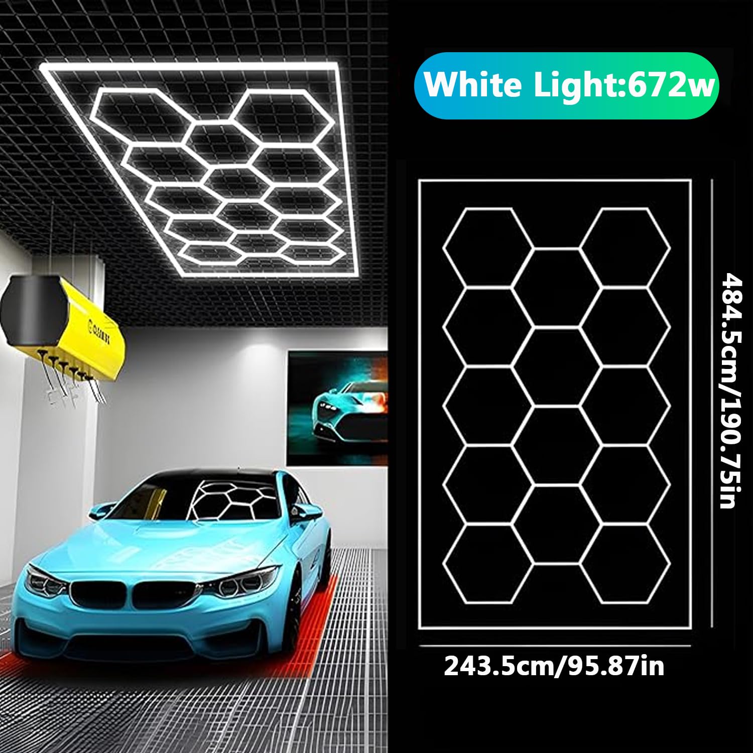 DHXYHQY Hexagon Garage Lights with Rectangle Frame, High Brightness 672W 90000LM 6500K, Hexagon Honeycomb Lights, 14 Hex Grid for Garage, Shop, Basement, Car Detailing Shop etc.