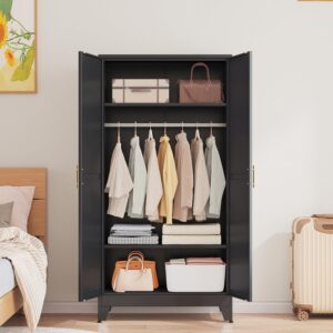 GAIOUS Metal Wardrobe Cabinet with Hanging Rod, 70.87" Metal Clothing Storage Cabinets with 2 Doors and Adjustable Shelves, Black Armoire Wardrobe Closet for Bedroom, Laundry Room, Cloak Room