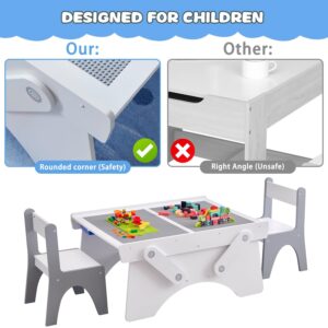 IFBUY 35" Wide Toddler Table and 2 Chairs Set with Storage Drawer, Kids Wooden Activity Desk for Ages 3-10, Compatible with Most Building Blocks, for Boys and Girls, Light Grey