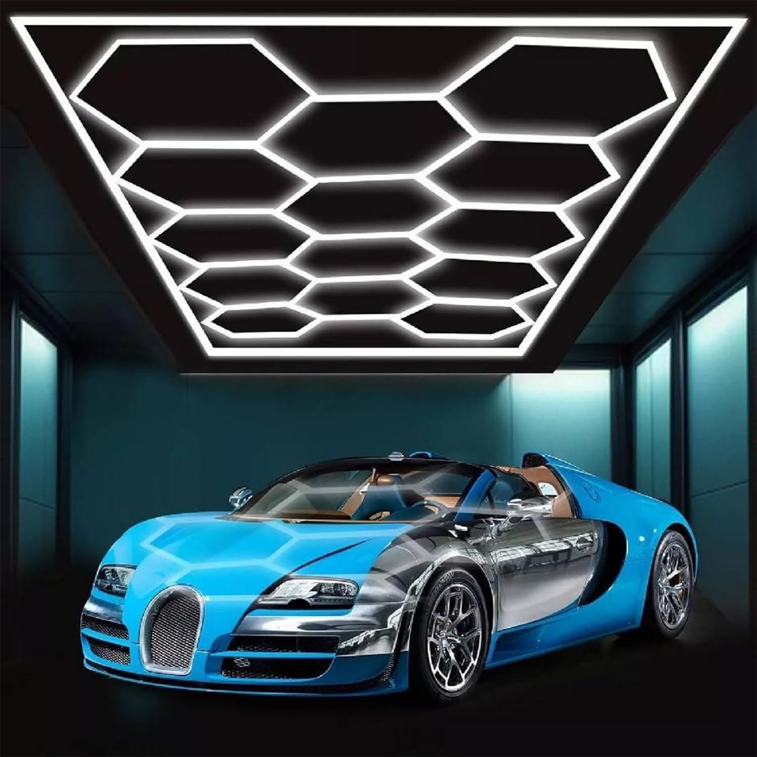 DHXYHQY Hexagon Garage Lights with Rectangle Frame, High Brightness 672W 90000LM 6500K, Hexagon Honeycomb Lights, 14 Hex Grid for Garage, Shop, Basement, Car Detailing Shop etc.