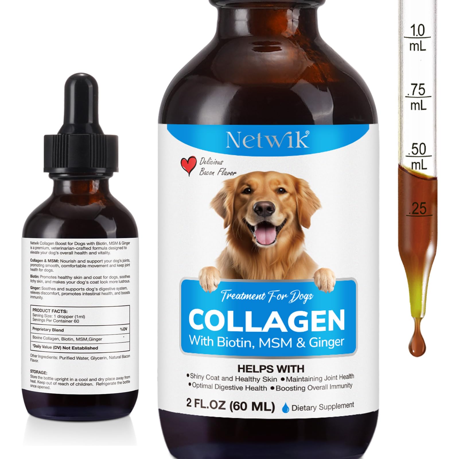 Collagen for Dogs - Skin and Coat Supplement for Dogs, Dog Liquid Collagen, Collagen Supplement for Dogs - Collagen with Biotin, MSM & Ginger - 2 fl oz