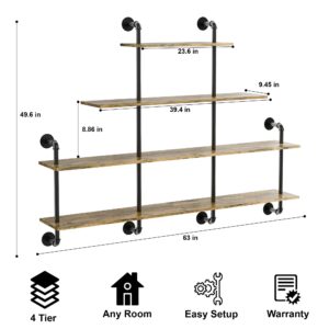 WFSRESTD Industrial Pipe Shelving, 4 Tier Rustic Wooden Floating Shelves, Wall Display Bookshelf, Storage Rack Sundries Holder for Kitchen Office Bathroom Organization and Home Decor