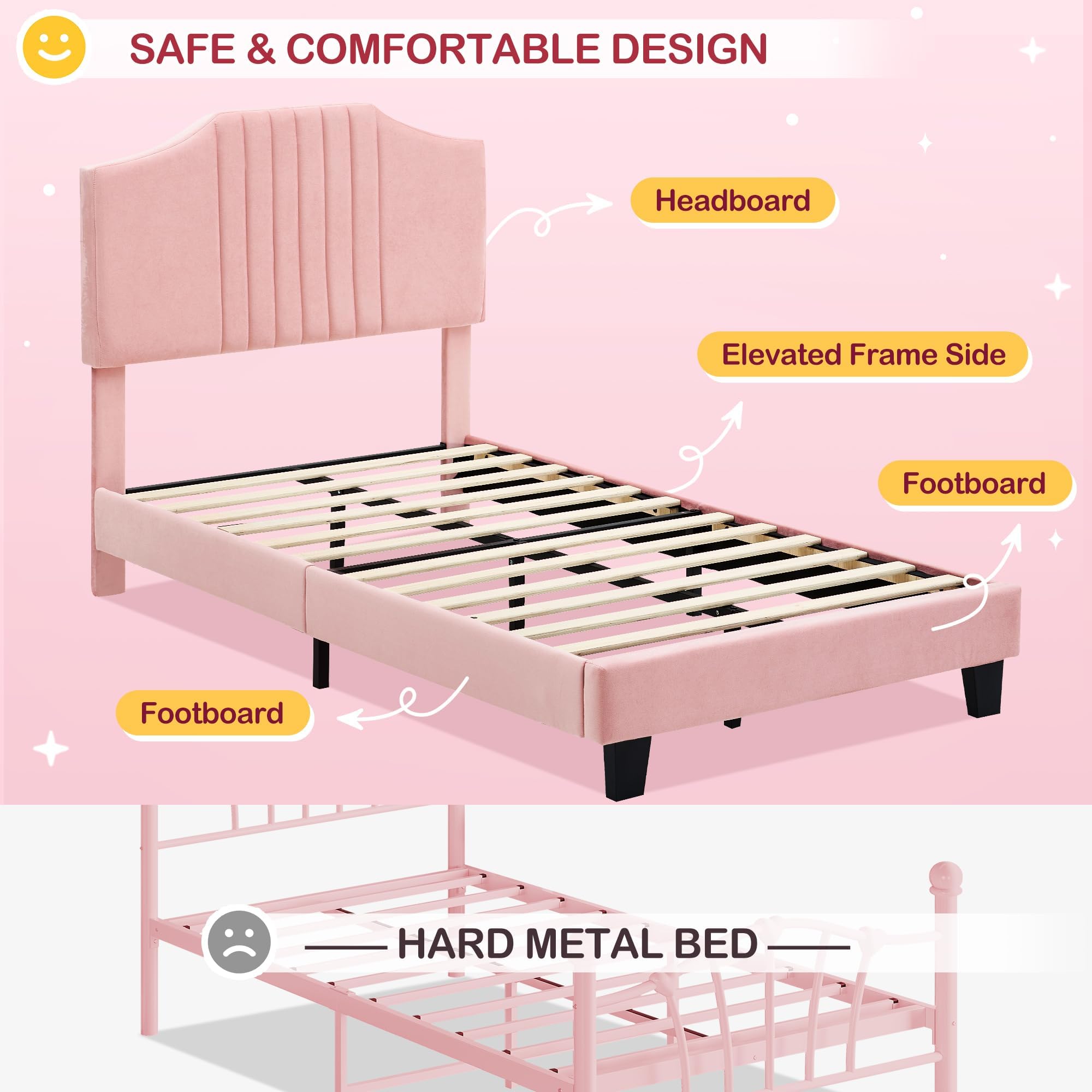 coucheta Twin Size Bed Frame - Velvet Upholstered Platform Bed Frame with Headboard for Girl Strong Wooden Slats Support, No Box Spring Needed, Noise-Free, Easy Assembly, Pink