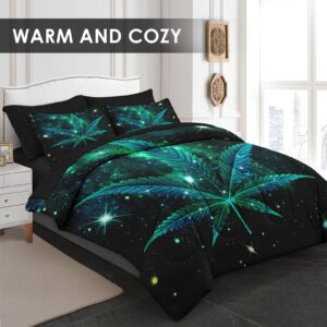 Pinbeam 7 Pcs Comforter Set Queen Size, Green Leaf Leaves Bed in a Bag with Flat Sheet and Fitted Sheet for Kids and Adults, Galaxy Marijuana Weed Bedding Set with 2 Pillowcases & 2 Shams