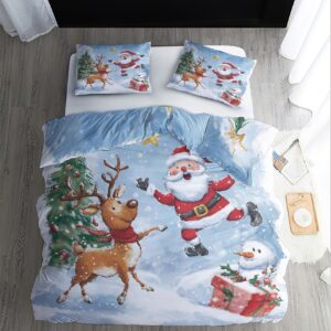 Epzylqyr Cute Santa Claus Duvet Cover King Size, Reindeer Duvet Cover Set 3 pcs, Christmas Tree Bedding Set with Zipper Closure, 1 Duvet Cover 104x90 inches and 2 Pillow Shams