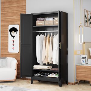 GAIOUS Metal Wardrobe Cabinet with Hanging Rod, 70.87" Metal Clothing Storage Cabinets with 2 Doors and Adjustable Shelves, Black Armoire Wardrobe Closet for Bedroom, Laundry Room, Cloak Room