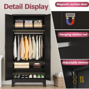 GAIOUS Metal Wardrobe Cabinet with Hanging Rod, 70.87" Metal Clothing Storage Cabinets with 2 Doors and Adjustable Shelves, Black Armoire Wardrobe Closet for Bedroom, Laundry Room, Cloak Room