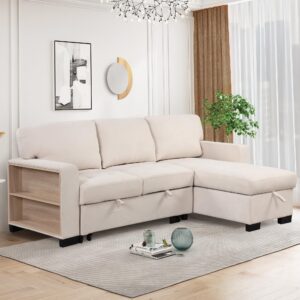 DREAMODERN 85.2-Inch L-Shaped Sectional Sofa Couch Pull-Out Sofa Bed, Modern Upholstered Corner Sofa with Storage Rack, Charging Ports and 2 Cup Holders for Living Room Apartment - Beige