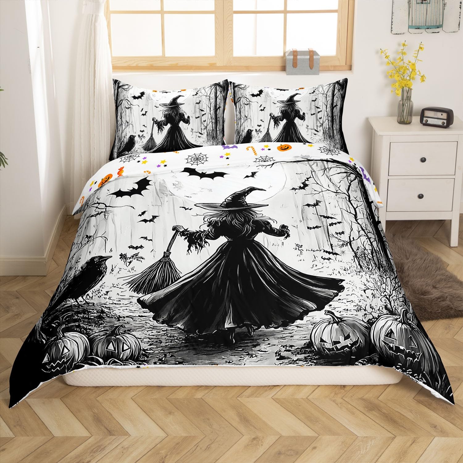 Erosebridal Twin Witch Comforter Cover, Happy Halloween Duvet Cover for Kids Boys Teens Adult Room, Pumpkin Lantern Bedding Set Bat Raven Gothic Spooky Bed Set with 1 Pillow Case, Grey White