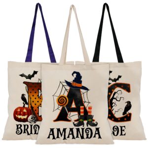 custom name & initials halloween tote bags - personalized trick or treat bag with pumpkin & skeleton - reusable 15x16" gift bag for everyday use & halloween parties - fun designs