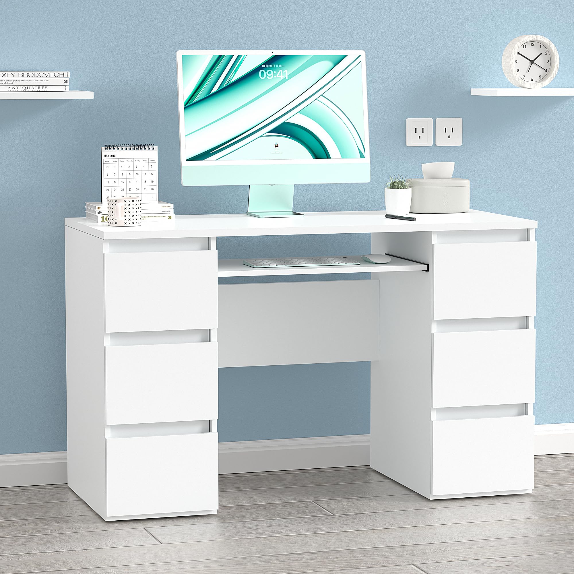 Furnicare White Computer Desk with 6 Drawers, Home Office Writing Desk with Storage Shelf, Modern Work Study Writing Table Desk, PC Laptop Table Vanity Makeup Desk for Bedroom, 47 Inch, White