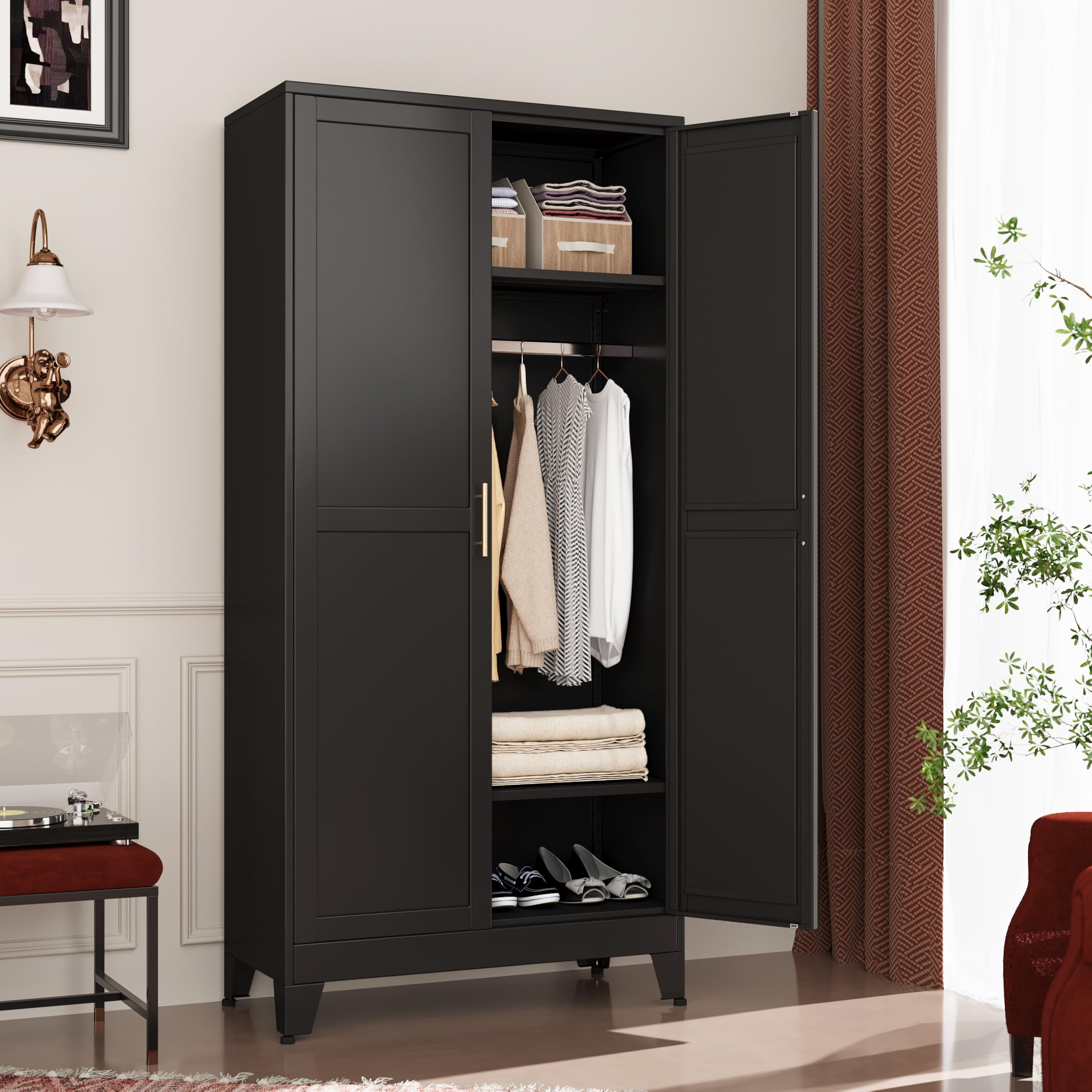 GAIOUS Metal Wardrobe Cabinet with Hanging Rod, 70.87" Metal Clothing Storage Cabinets with 2 Doors and Adjustable Shelves, Black Armoire Wardrobe Closet for Bedroom, Laundry Room, Cloak Room