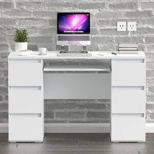 Furnicare White Computer Desk with 6 Drawers, Home Office Writing Desk with Storage Shelf, Modern Work Study Writing Table Desk, PC Laptop Table Vanity Makeup Desk for Bedroom, 47 Inch, White