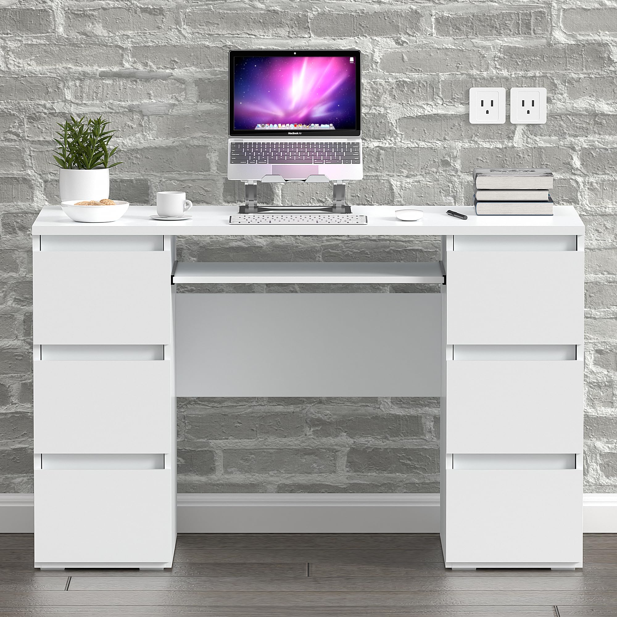 Furnicare White Computer Desk with 6 Drawers, Home Office Writing Desk with Storage Shelf, Modern Work Study Writing Table Desk, PC Laptop Table Vanity Makeup Desk for Bedroom, 47 Inch, White