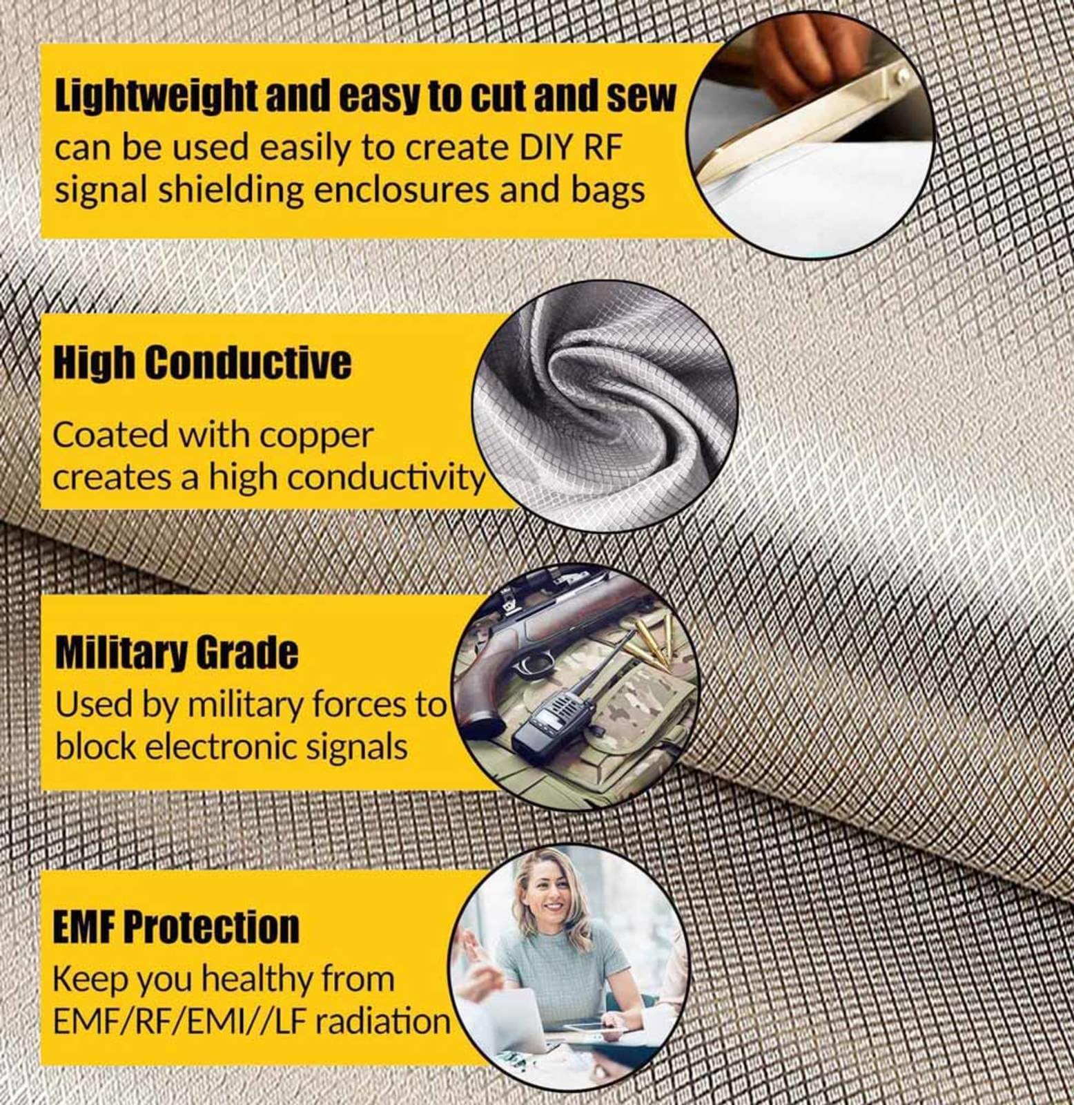 YSPP Faraday Fabric Military Grade Conductive EMF/RF/RFID Protection Blocking Cloth Shielding Fabric from Signals Bluetooth GPS Signal Blocker WiFi Jammer,gold-10x1.1m