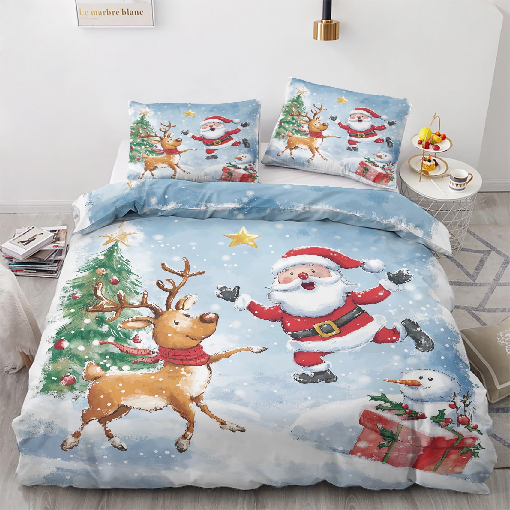 Epzylqyr Cute Santa Claus Duvet Cover King Size, Reindeer Duvet Cover Set 3 pcs, Christmas Tree Bedding Set with Zipper Closure, 1 Duvet Cover 104x90 inches and 2 Pillow Shams