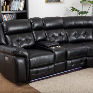 Kingway Faux Leather Recliner Couch Console Table Storage Sectional Sofa with Cup Holders LED Light for Home Theater Office Big House