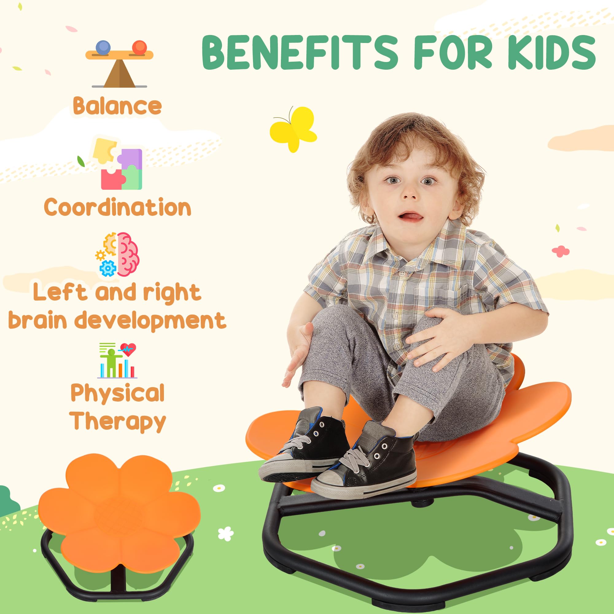 Qaba Sensory Spinning Chair, Kids Swivel Chair, Flower Shaped Sensory Chair for Autism, Kids, Toddlers, Training Body Balance & Coordination, Orange