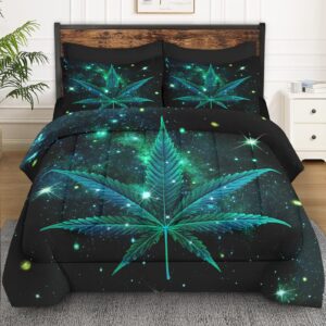 Pinbeam 7 Pcs Comforter Set Queen Size, Green Leaf Leaves Bed in a Bag with Flat Sheet and Fitted Sheet for Kids and Adults, Galaxy Marijuana Weed Bedding Set with 2 Pillowcases & 2 Shams