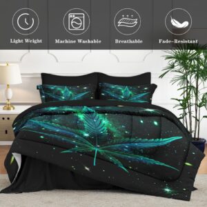 Pinbeam 7 Pcs Comforter Set Queen Size, Green Leaf Leaves Bed in a Bag with Flat Sheet and Fitted Sheet for Kids and Adults, Galaxy Marijuana Weed Bedding Set with 2 Pillowcases & 2 Shams