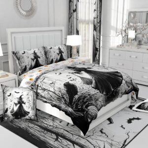 Erosebridal Twin Witch Comforter Cover, Happy Halloween Duvet Cover for Kids Boys Teens Adult Room, Pumpkin Lantern Bedding Set Bat Raven Gothic Spooky Bed Set with 1 Pillow Case, Grey White