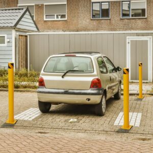 Safety Bollard 2 Pack, Safety Bollard Post Parking Barrier 42 Inch Height Steel Bollard Post, Yellow Powder Coated Metal Traffic Bollard for Traffic Control, Driveway Barrier, Parking Pole