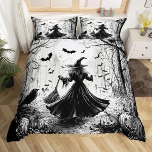 Erosebridal Twin Witch Comforter Cover, Happy Halloween Duvet Cover for Kids Boys Teens Adult Room, Pumpkin Lantern Bedding Set Bat Raven Gothic Spooky Bed Set with 1 Pillow Case, Grey White