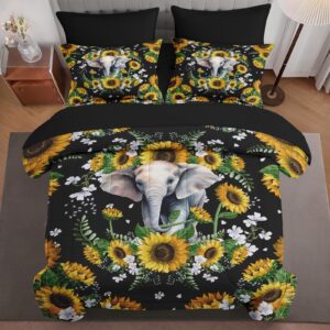 pinbeam 7 pcs comforter set full size, elephant animal cute bed in a bag with flat sheet and fitted sheet for kids and adults, sunflower flower yellow bedding set with pillowcase & sham