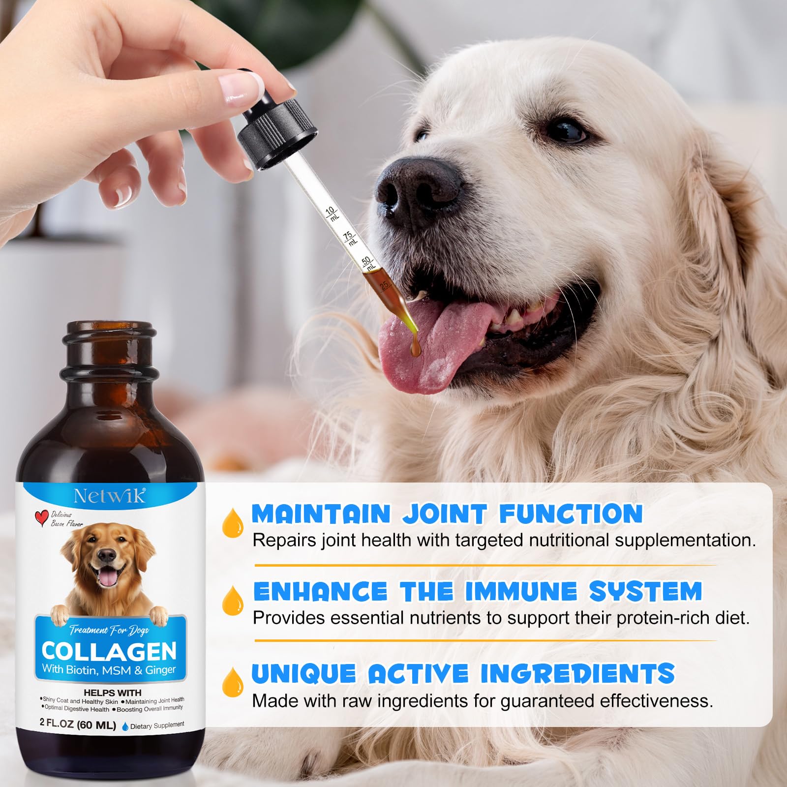 Collagen for Dogs - Skin and Coat Supplement for Dogs, Dog Liquid Collagen, Collagen Supplement for Dogs - Collagen with Biotin, MSM & Ginger - 2 fl oz