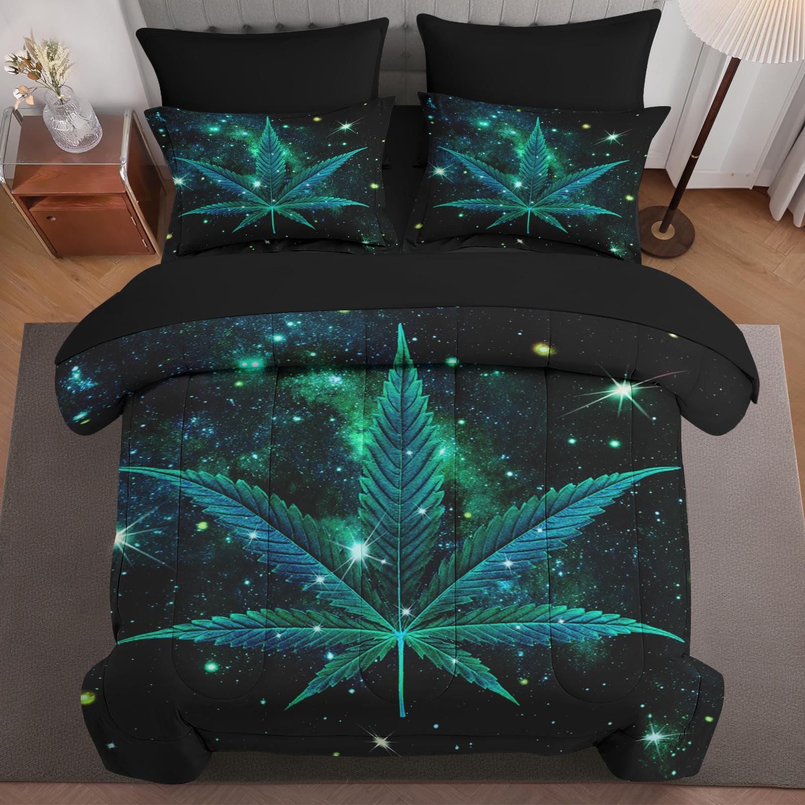 Pinbeam 7 Pcs Comforter Set Queen Size, Green Leaf Leaves Bed in a Bag with Flat Sheet and Fitted Sheet for Kids and Adults, Galaxy Marijuana Weed Bedding Set with 2 Pillowcases & 2 Shams