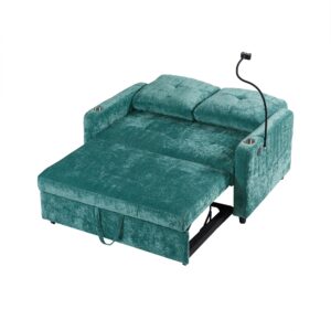 3 in 1 Convertible Sleeper Sofa Bed, Modern Chenille Loveseat Pull Out Couch Bed with Cup Holder & USB Port, Phone Holder and Adjustable Backrest, Loveseat Lounge for Living Room Office (Teal/)