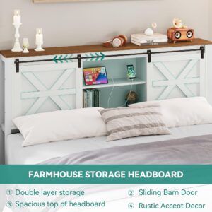 YITAHOME Farmhouse Queen Size Bed Frame with Headboard, Bookcase Storage Shelves, Sliding Barn Door, Charging Station, Rustic Wood Platform Bed, No Box Spring Needed, White