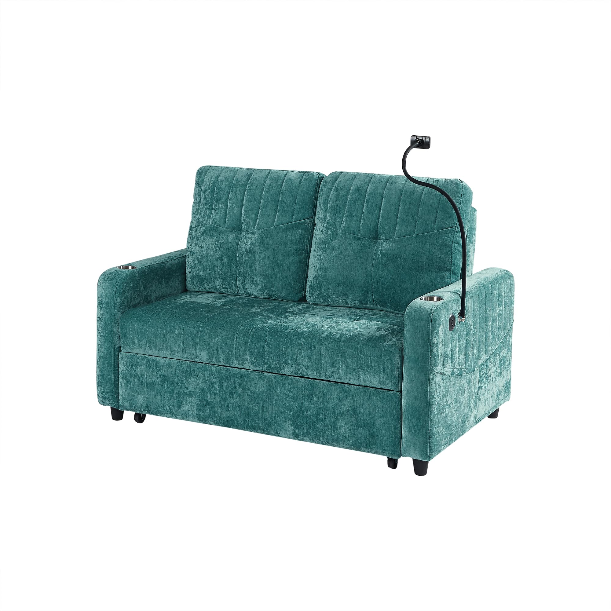 3 in 1 Convertible Sleeper Sofa Bed, Modern Chenille Loveseat Pull Out Couch Bed with Cup Holder & USB Port, Phone Holder and Adjustable Backrest, Loveseat Lounge for Living Room Office (Teal/)