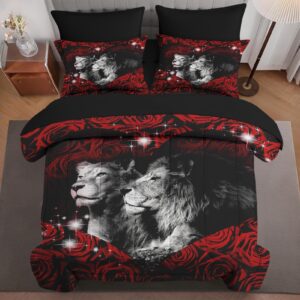 pinbeam 7 pcs comforter set king size, lion animal african bed in a bag with flat sheet and fitted sheet for kids and adults, red rose flowers bedding set with 2 pillowcases & 2 shams