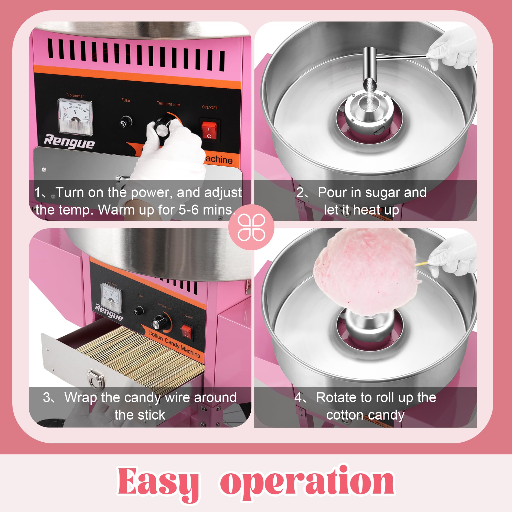 Rengue Cotton Candy Machine Commercial, 1000W Electric Cotton Candy Maker, Cotton Candy Machinewith Stainless Steel Bowl, Sugar Scoop, Storage Drawer, Perfect for Family Party, Kids Birthday